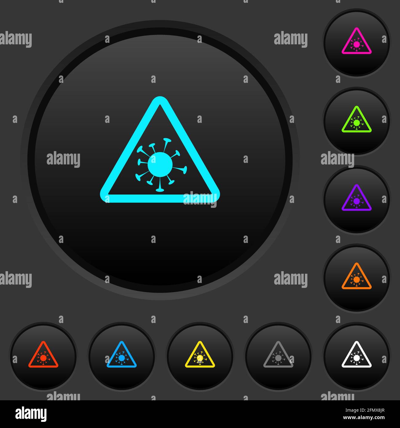 Covid warning dark push buttons with vivid color icons on dark grey ...