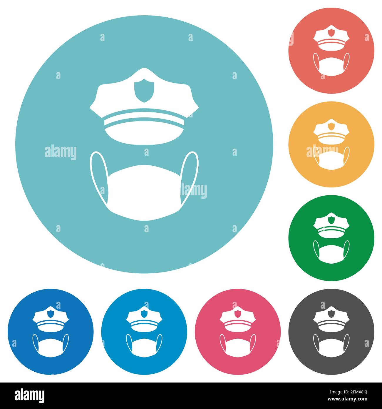 Police hat and medical face mask flat white icons on round color ...