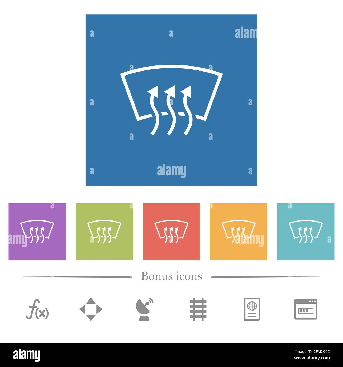 Windshield defrost flat white icons in square backgrounds. 6 bonus ...