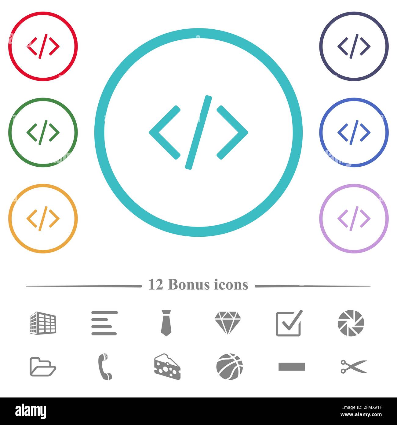 Script code flat color icons in circle shape outlines. 12 bonus icons ...