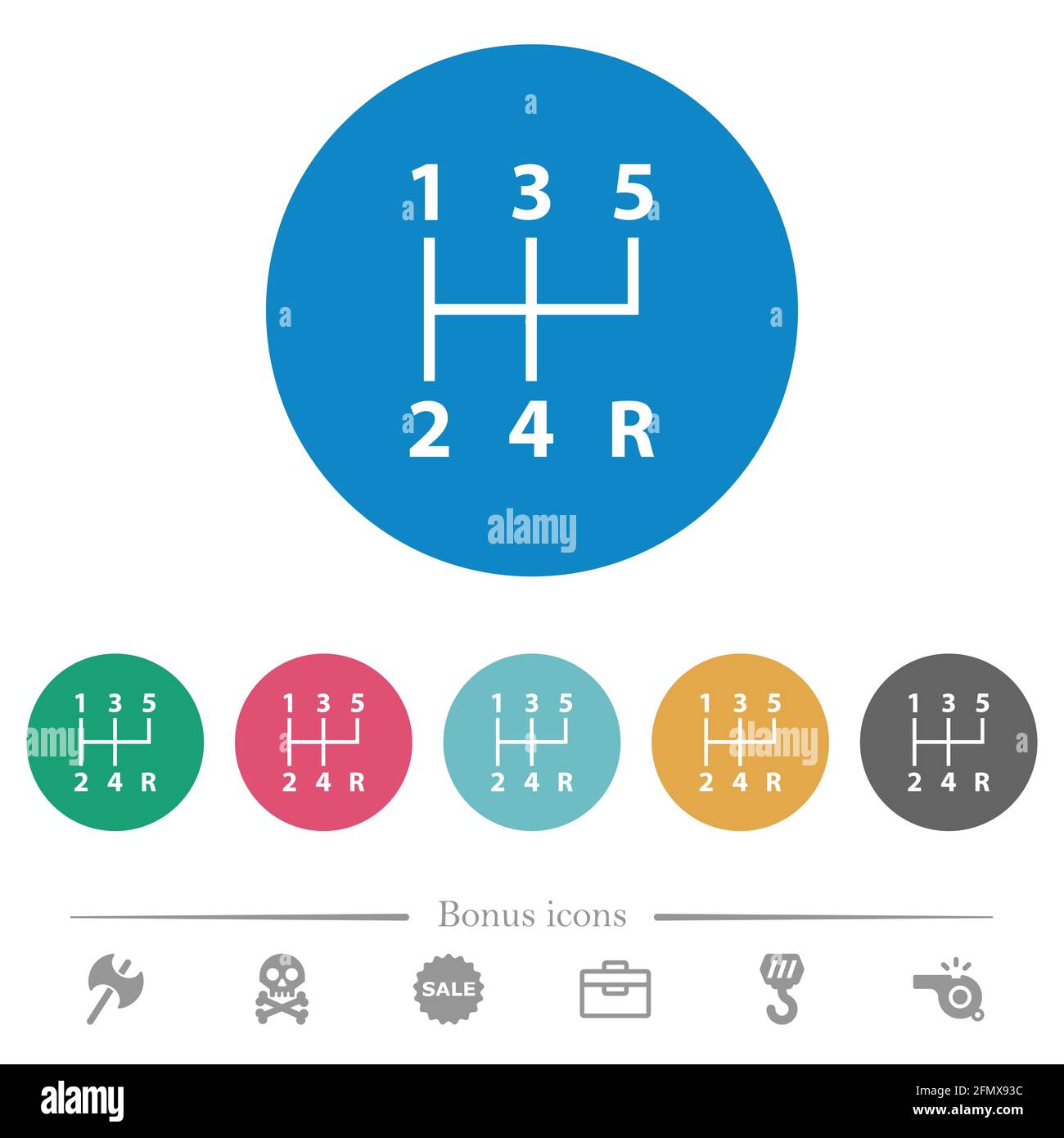 Five Speed Manual Gear Shift Flat White Icons On Round Color Backgrounds 6 Bonus Icons Included