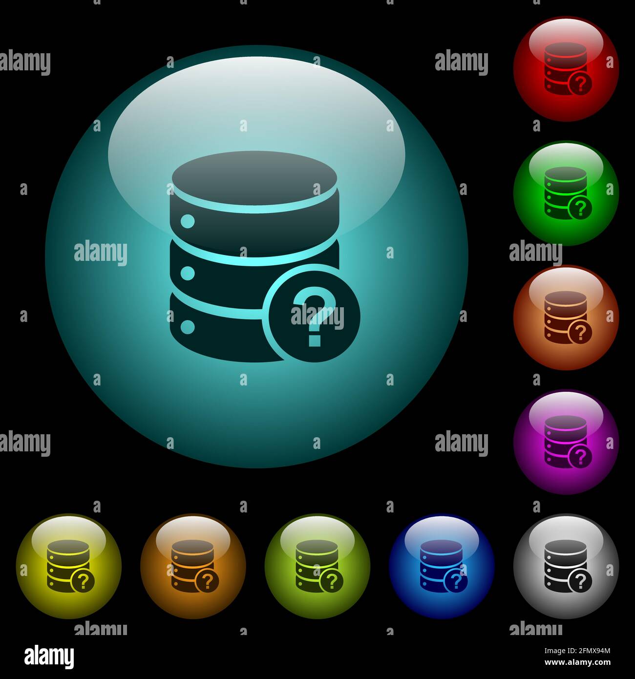 Database query icons in color illuminated spherical glass buttons on ...