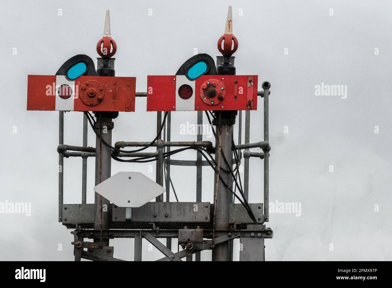 Pair of gantry mounted lower quadrant signals Stock Photo - Alamy