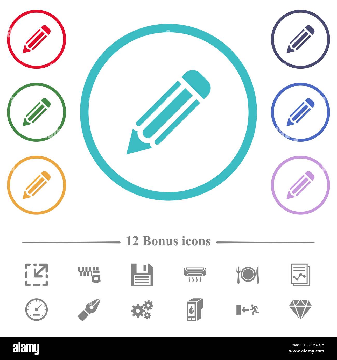 Single pencil flat color icons in circle shape outlines. 12 bonus icons ...