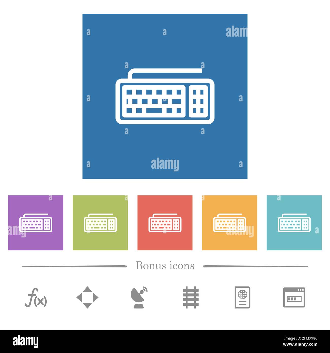 Computer keyboard flat white icons in square backgrounds. 6 bonus icons ...