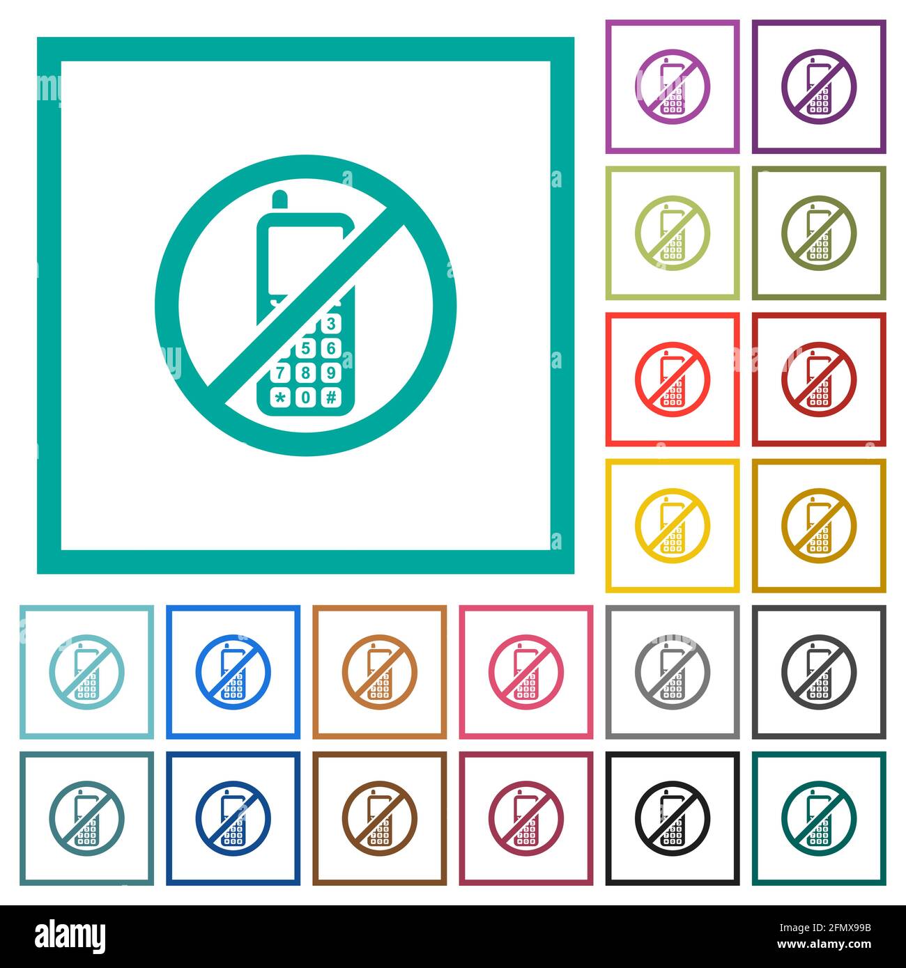 Cellphone not allowed flat color icons with quadrant frames on white ...