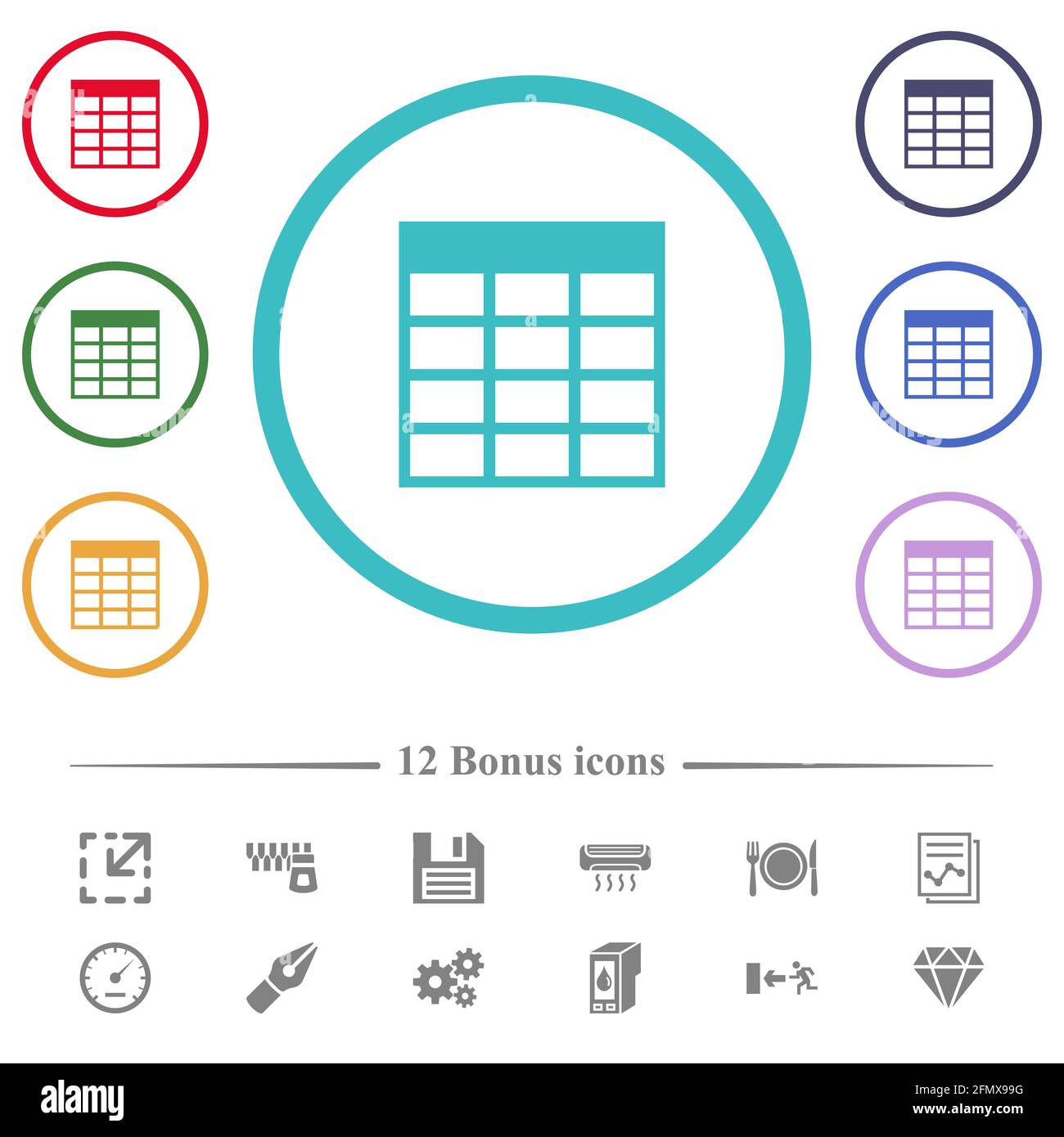 Spreadsheet table flat color icons in circle shape outlines. 12 bonus ...