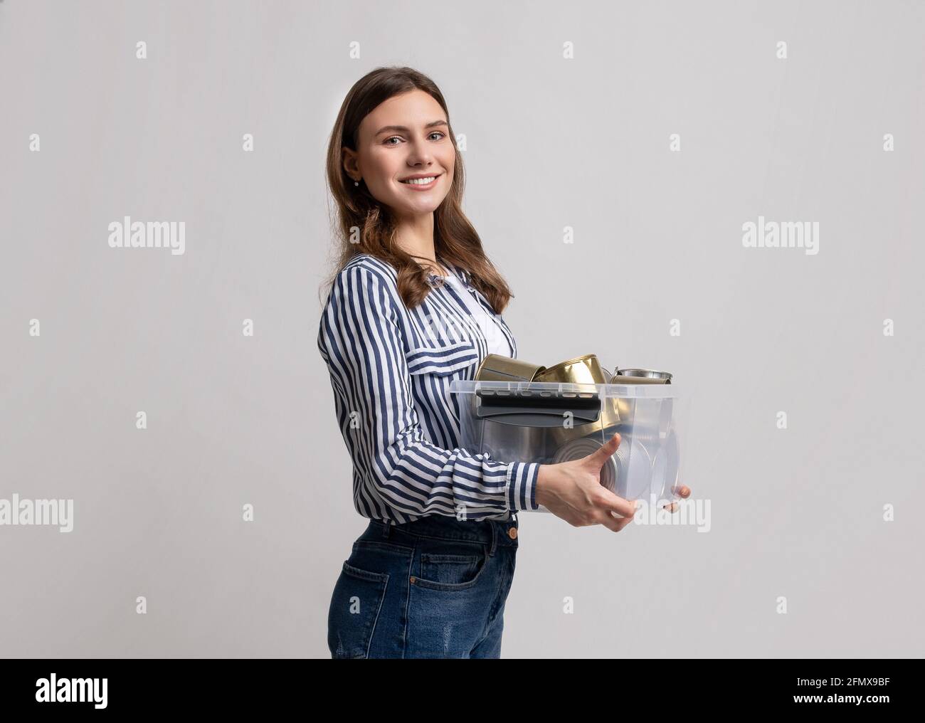 Metal Garbage Sorting. Happy Beautiful Woman Holding Plastic Container ...