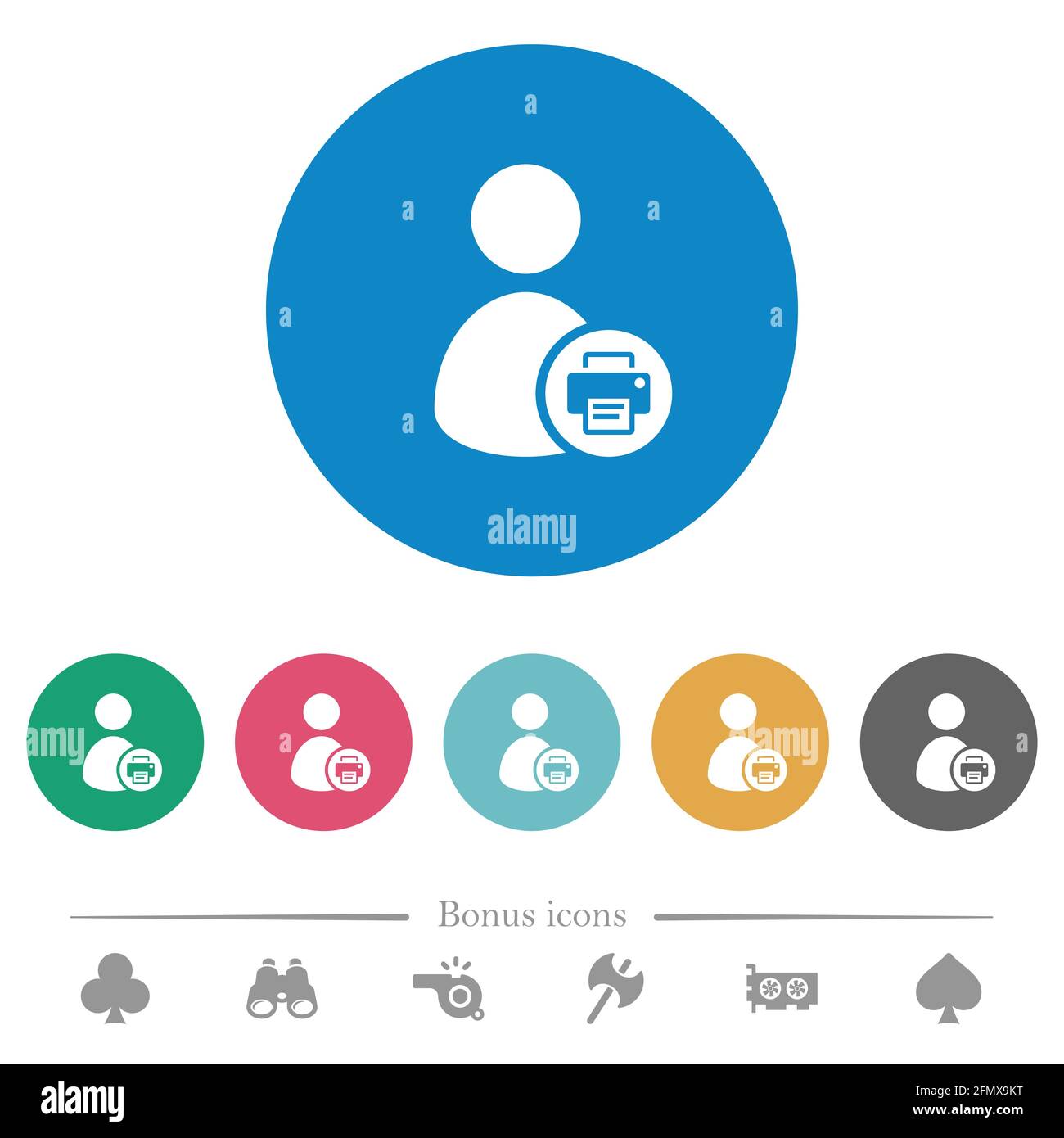 Print user account flat white icons on round color backgrounds. 6 bonus ...