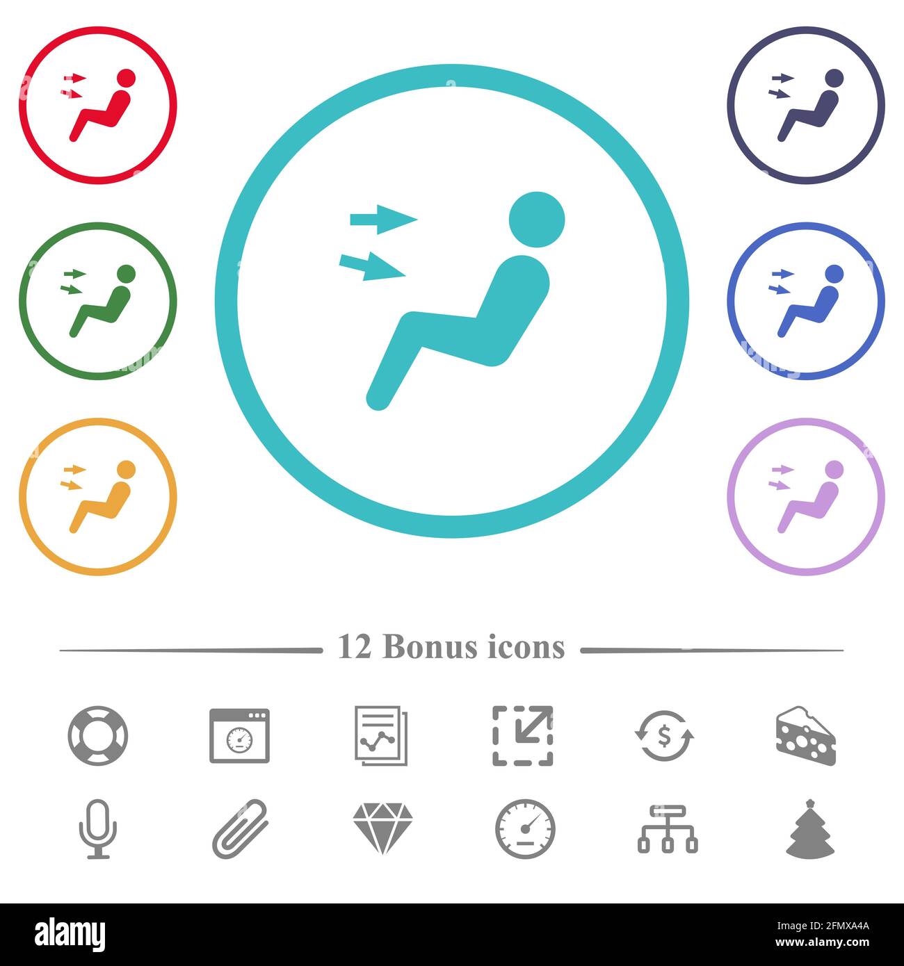 Car air flow direction head chest flat color icons in circle shape ...