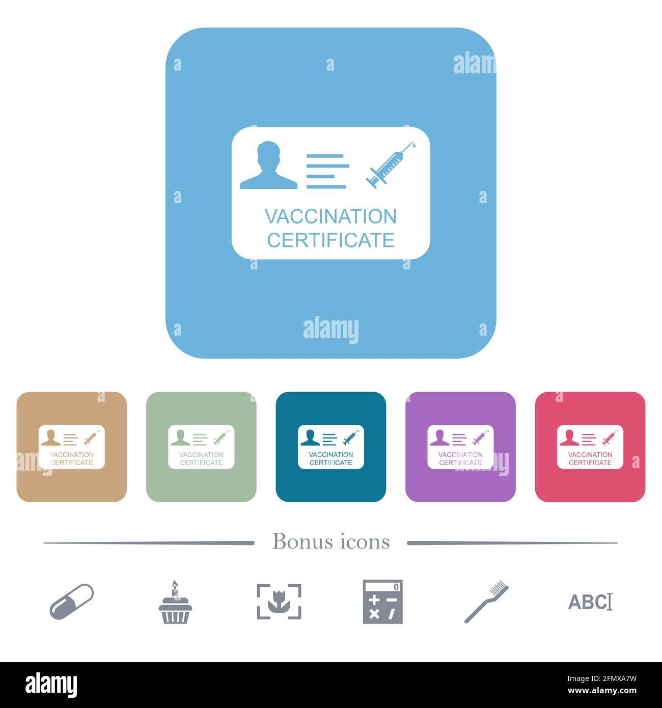 Vaccination certificate white flat icons on color rounded square ...