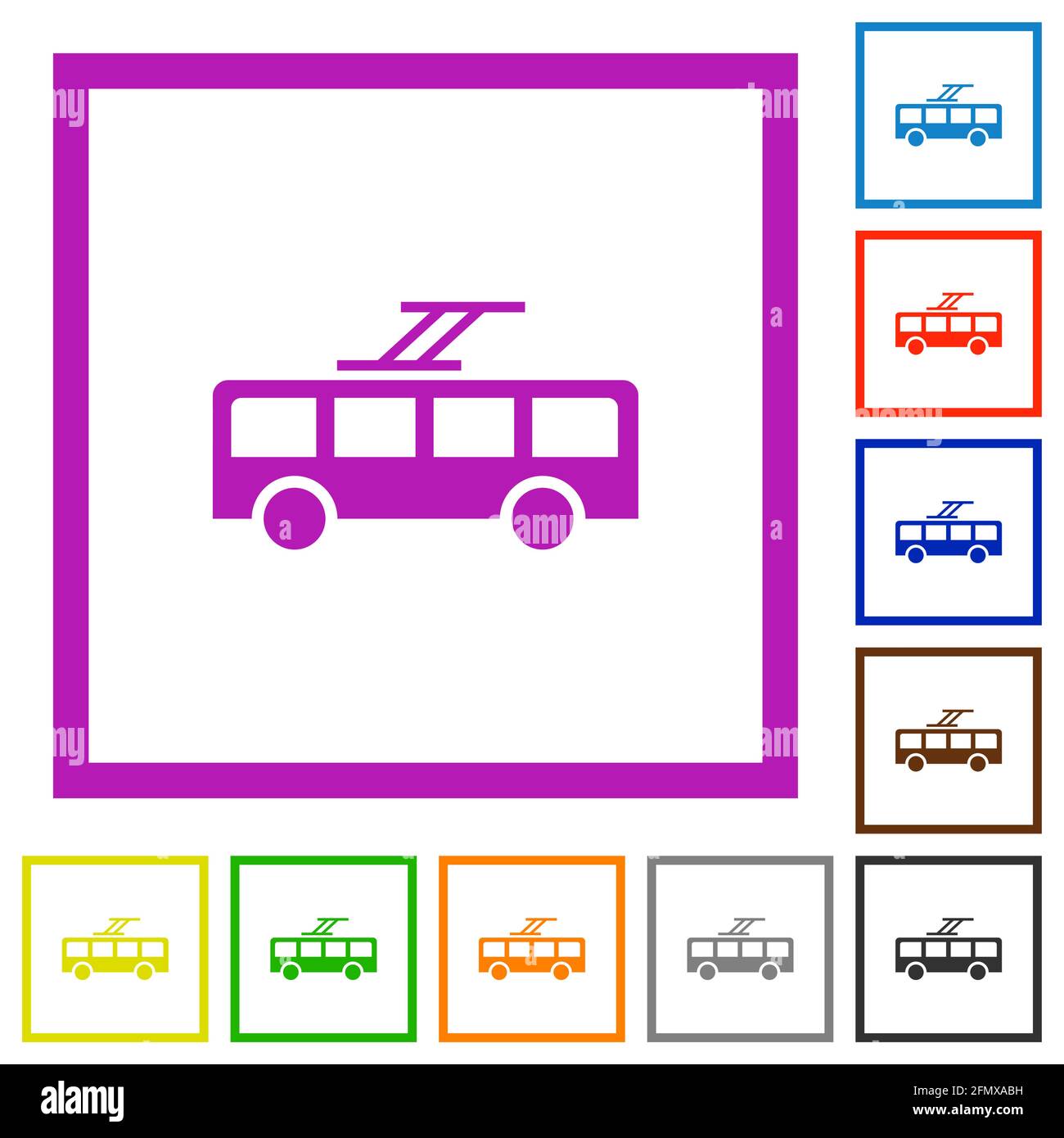 Trolley bus flat color icons in square frames on white background Stock ...