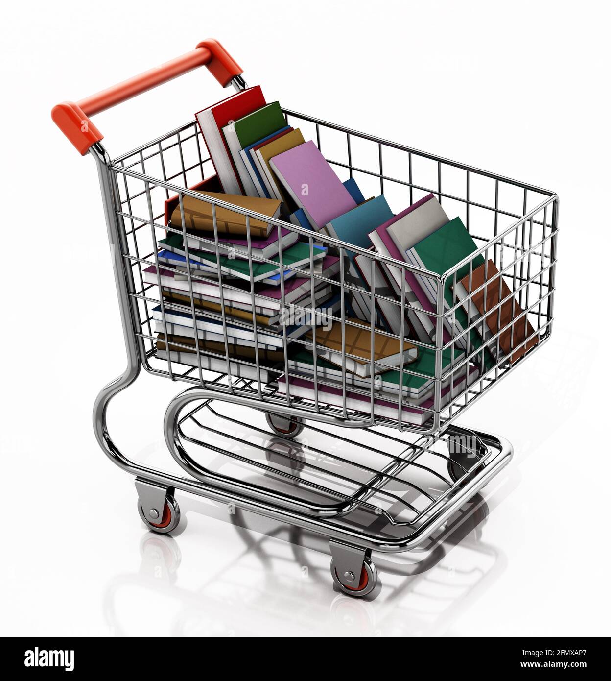 Shopping cart full of books isolated on white background. 3D ...