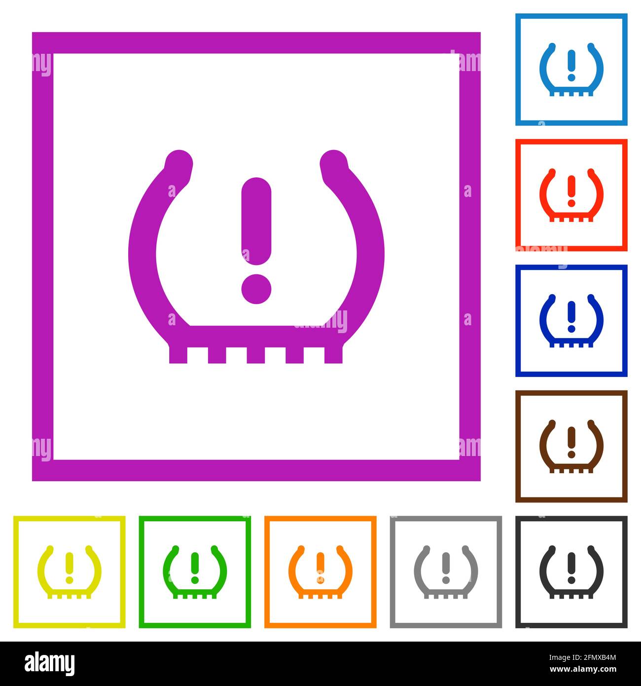 Car tire pressure warning indicator flat color icons in square frames ...