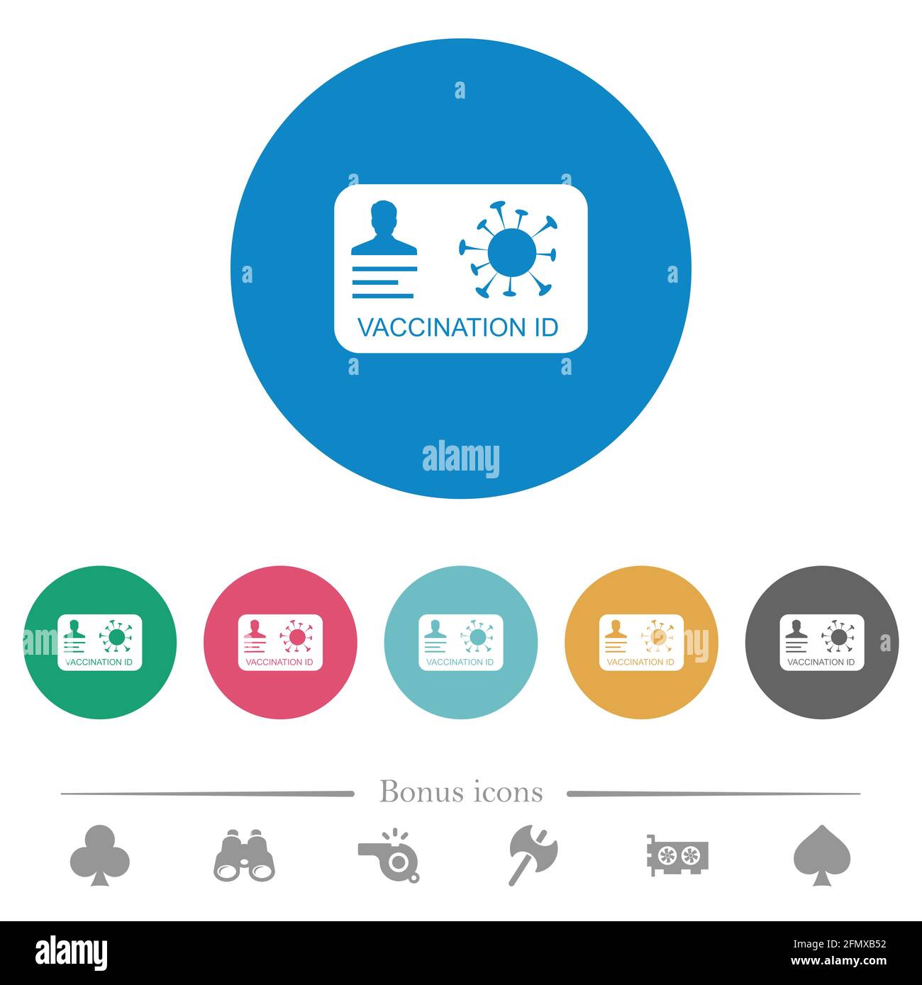 Vaccination id flat white icons on round color backgrounds. 6 bonus ...