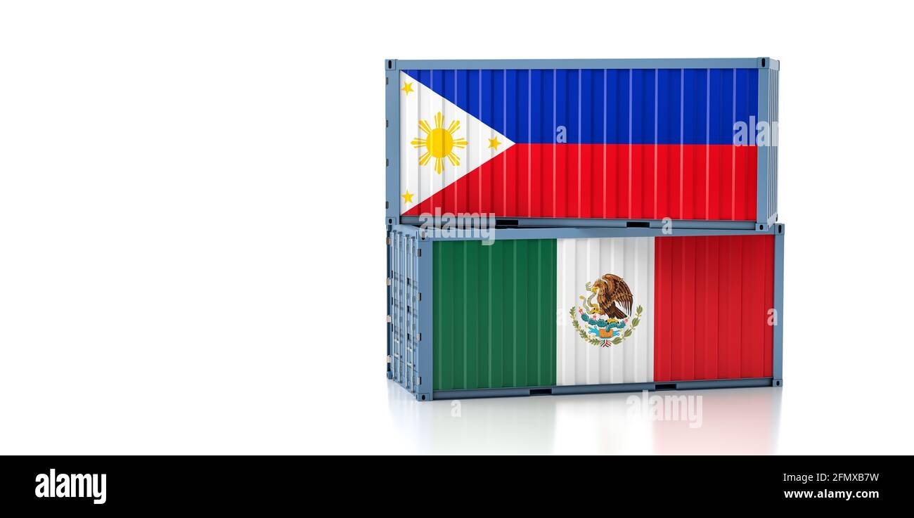 Two freight container with Philippines and Mexico flag. Copy space on ...