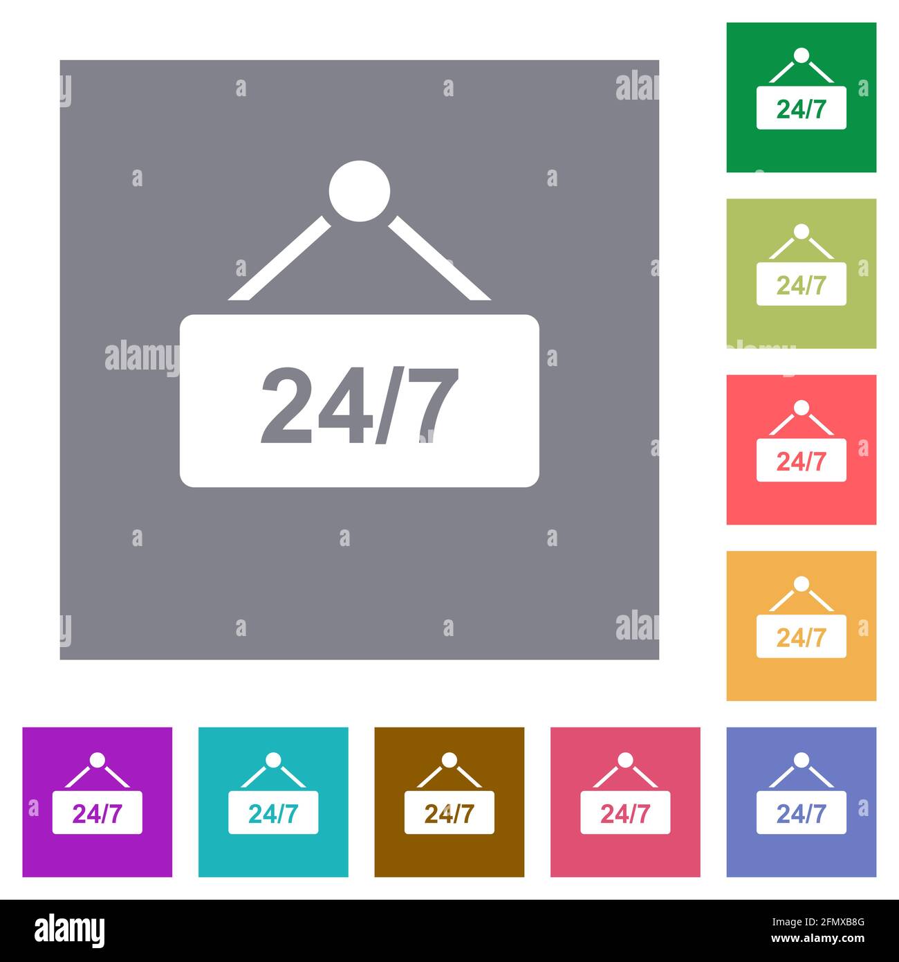 hanging table with 24h seven days a week flat icons on simple color ...