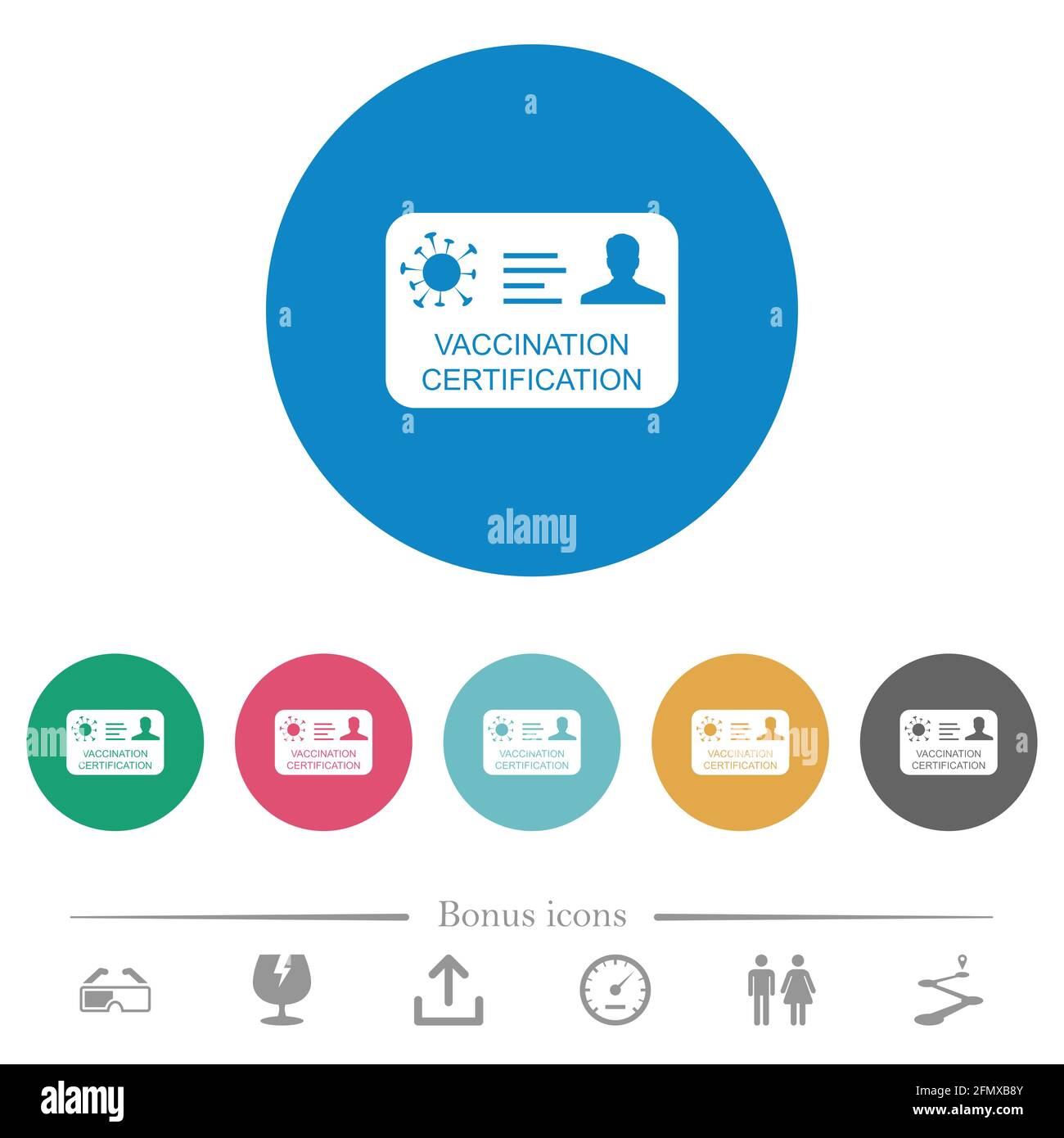 Vaccination certification flat white icons on round color backgrounds ...