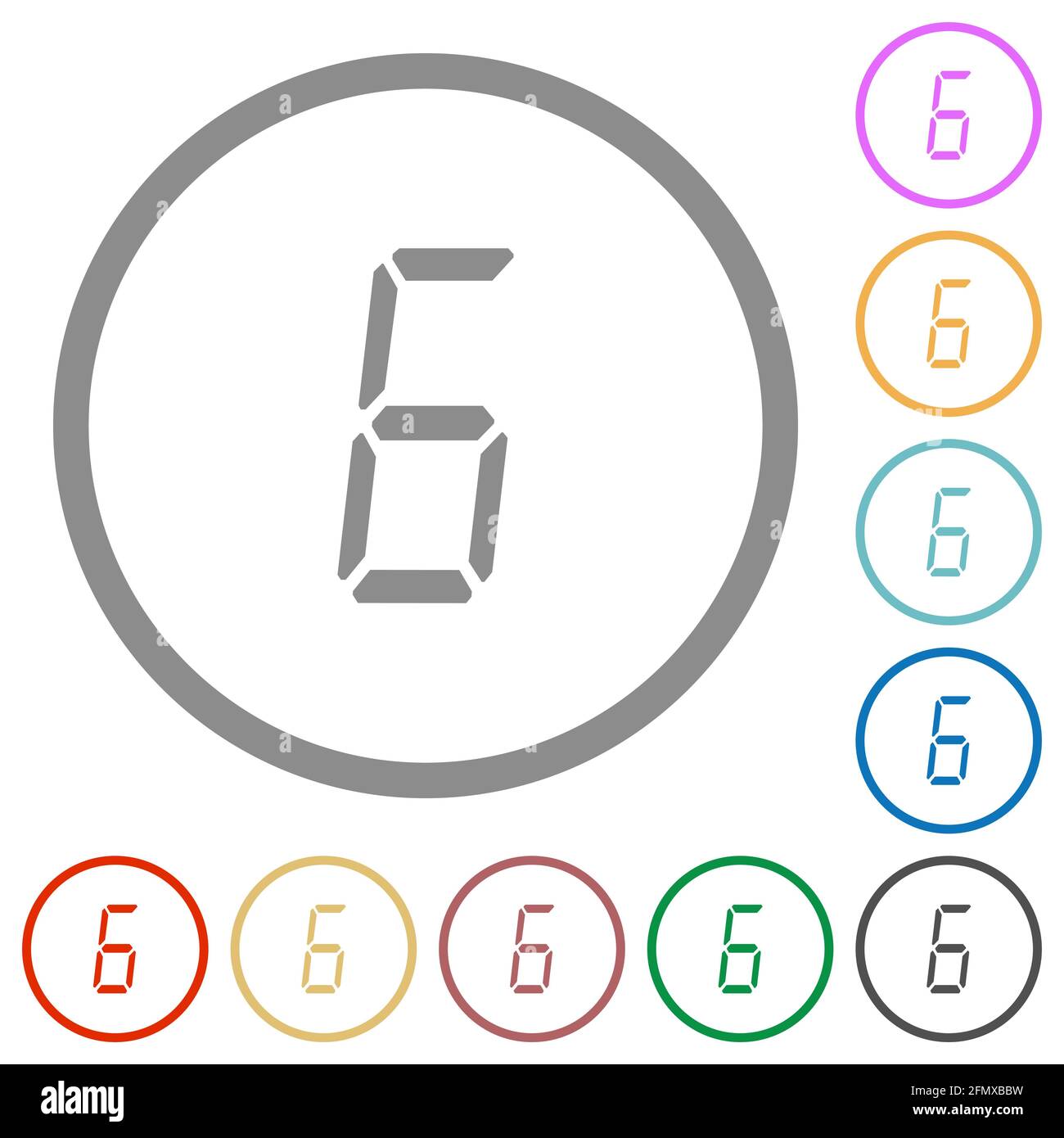 digital number six of seven segment type flat color icons in round ...