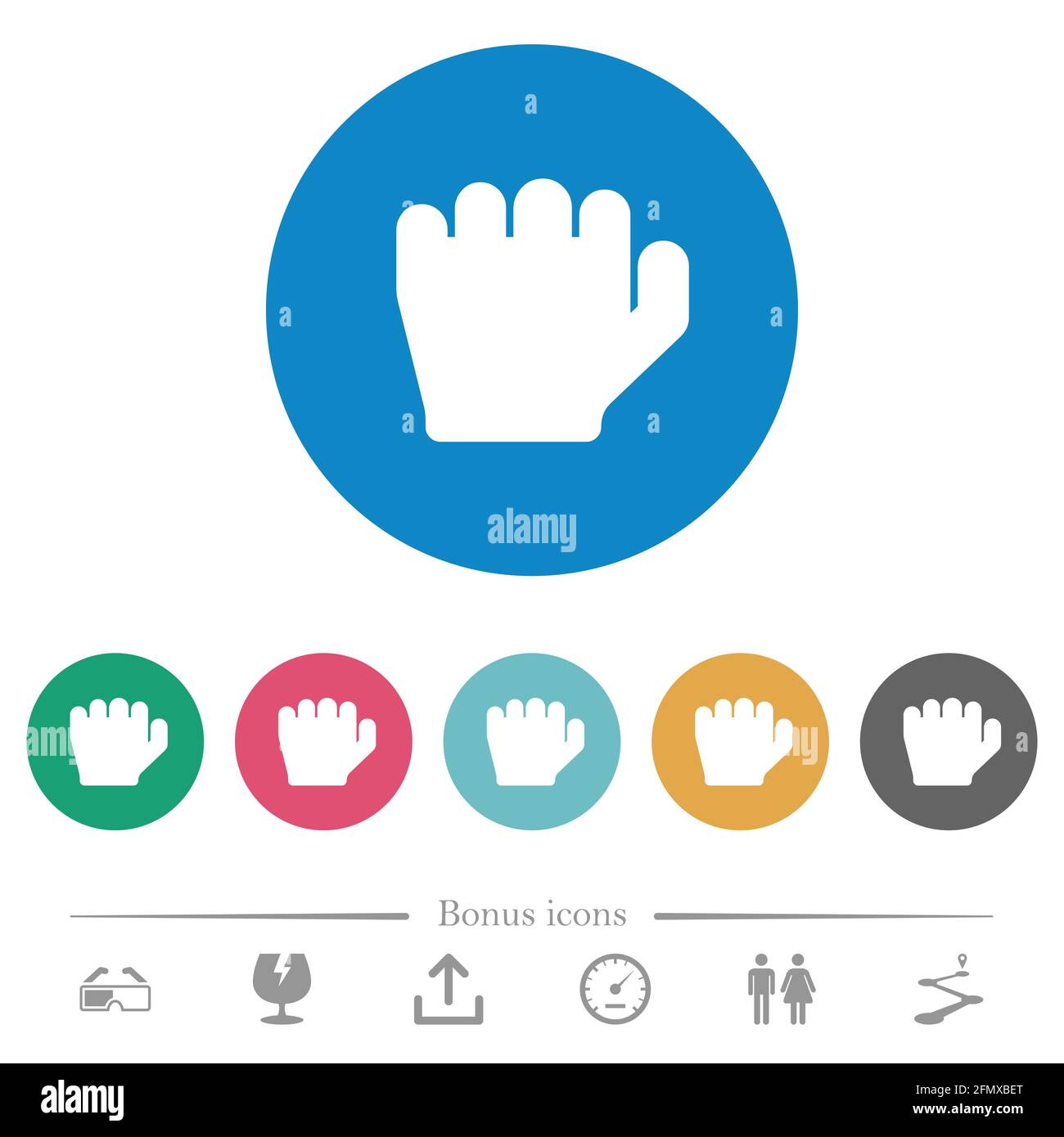 Left handed grab gesture flat white icons on round color backgrounds. 6 ...