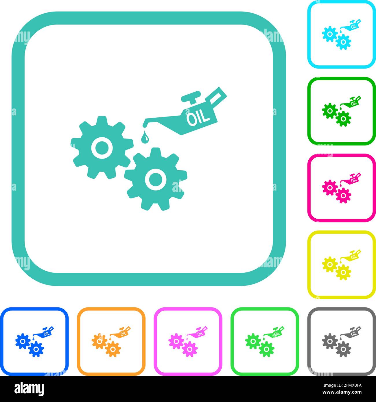 Oiler can and gears vivid colored flat icons in curved borders on white ...