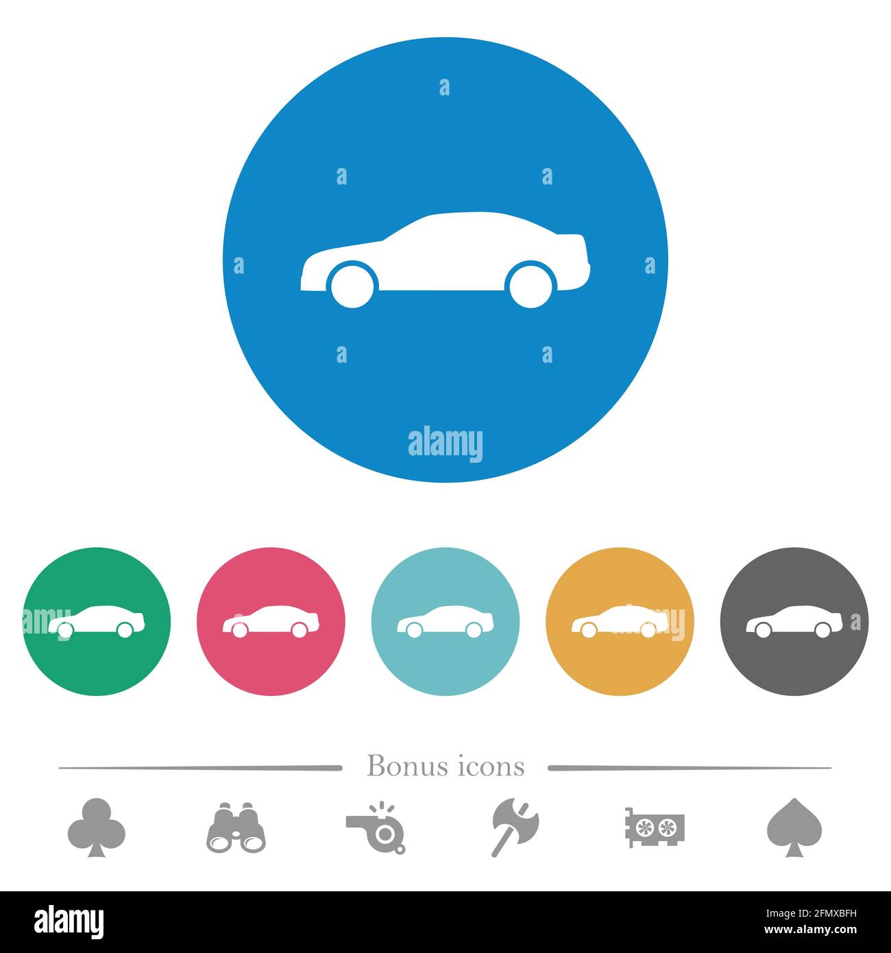 Car contour flat white icons on round color backgrounds. 6 bonus icons ...
