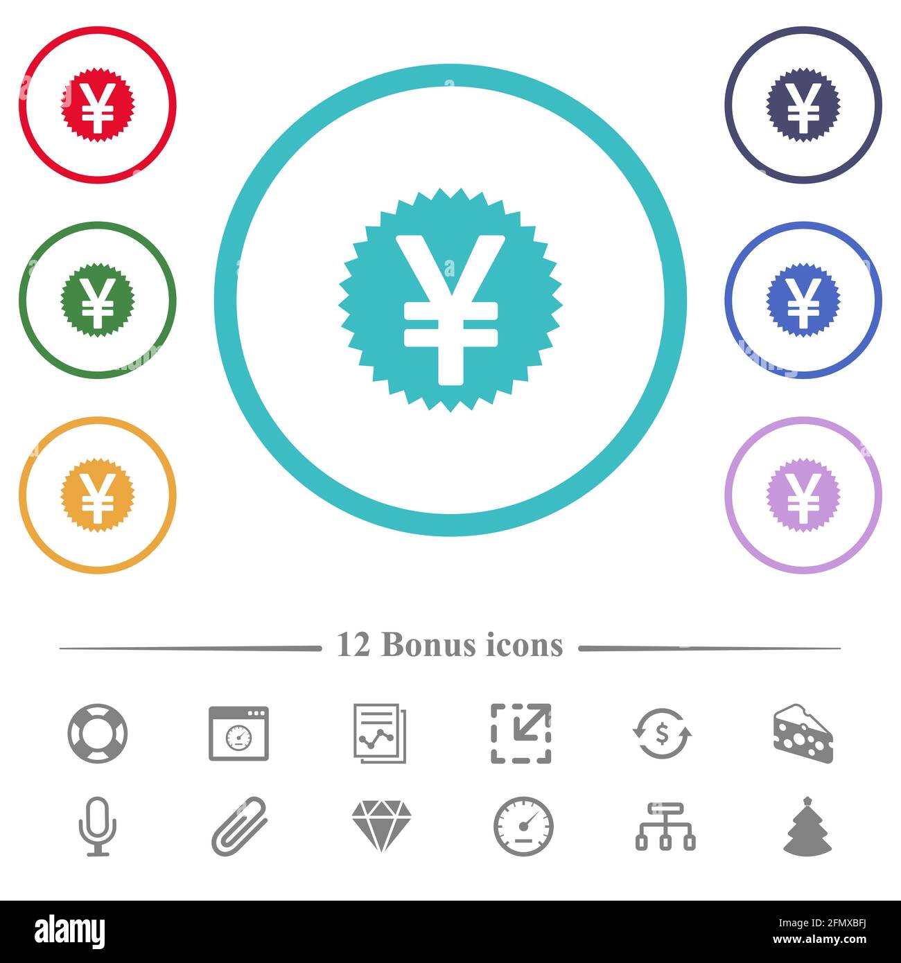 Yen sticker flat color icons in circle shape outlines. 12 bonus icons ...