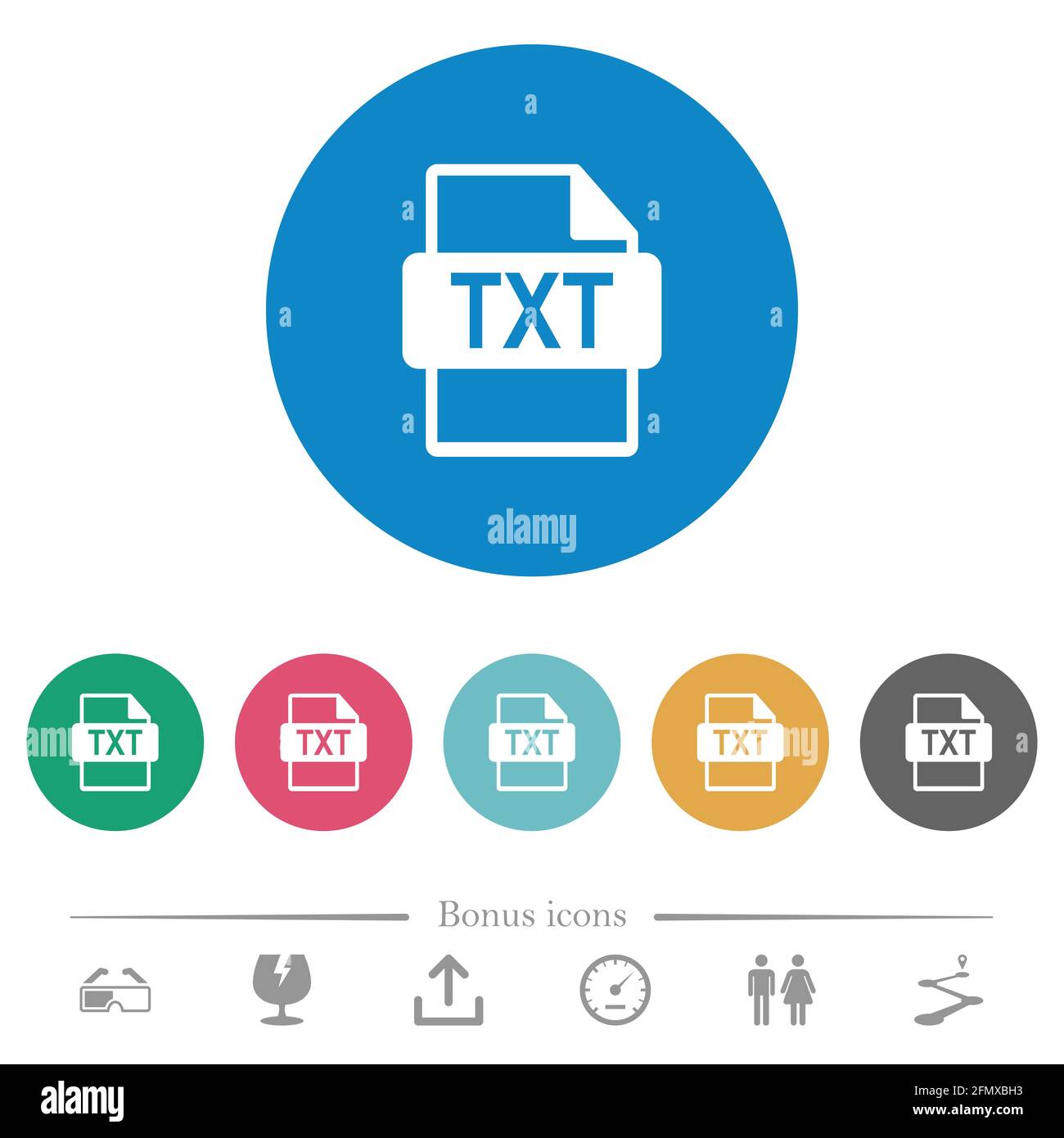 TXT file format flat white icons on round color backgrounds. 6 bonus ...