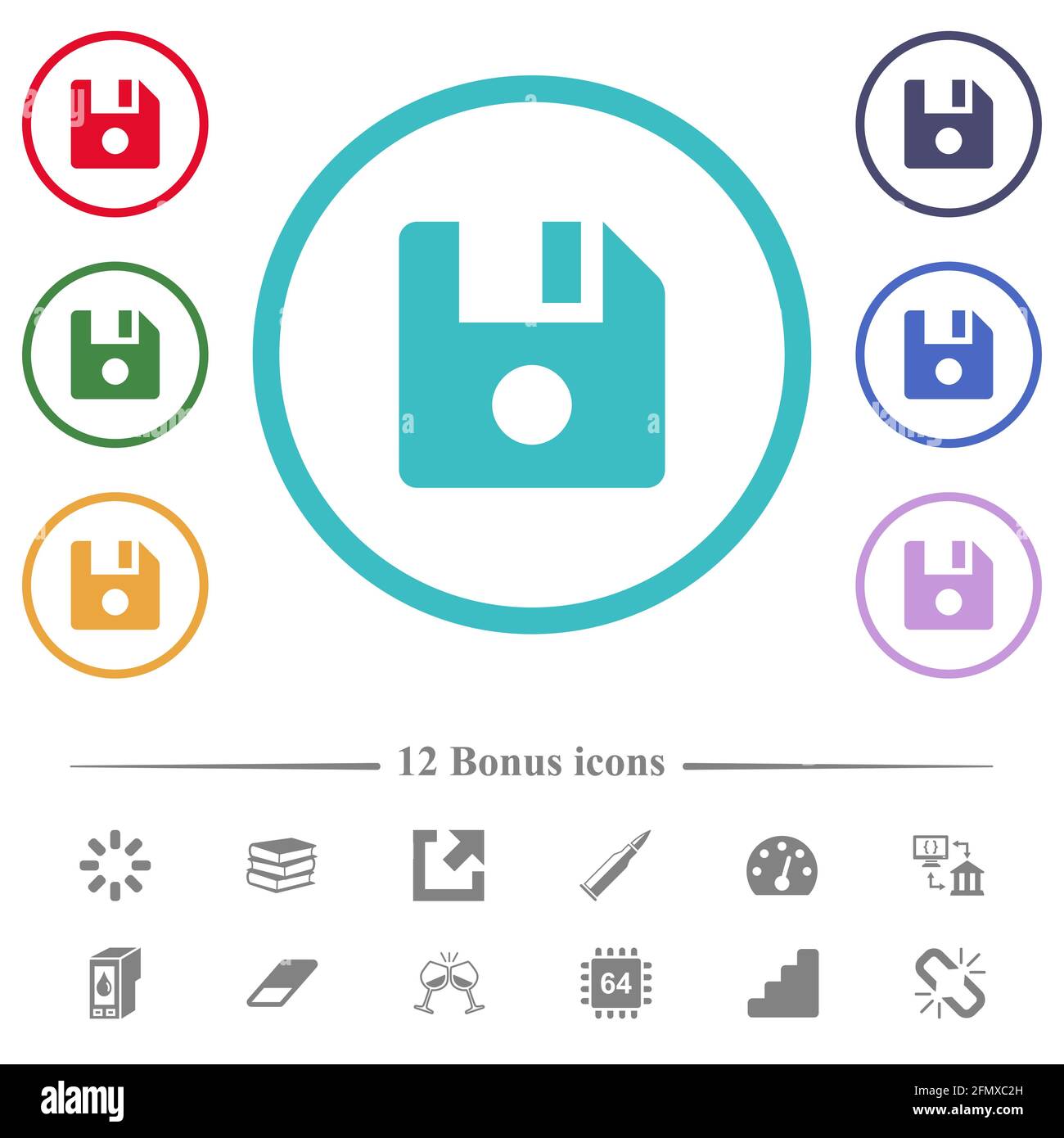 File record flat color icons in circle shape outlines. 12 bonus icons ...