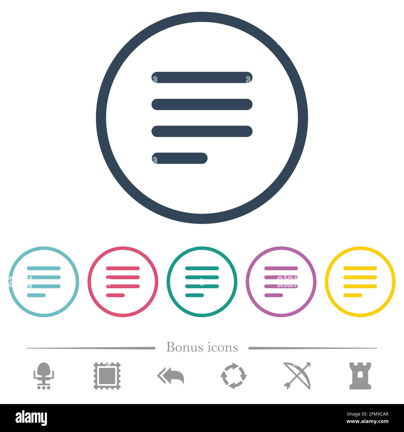 Text align justify last row left flat color icons in round outlines. 6 bonus icons included ...