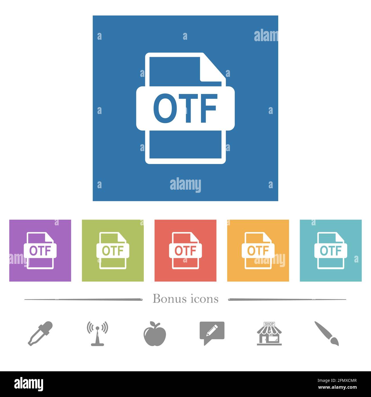 OTF file format flat white icons in square backgrounds. 6 bonus icons ...