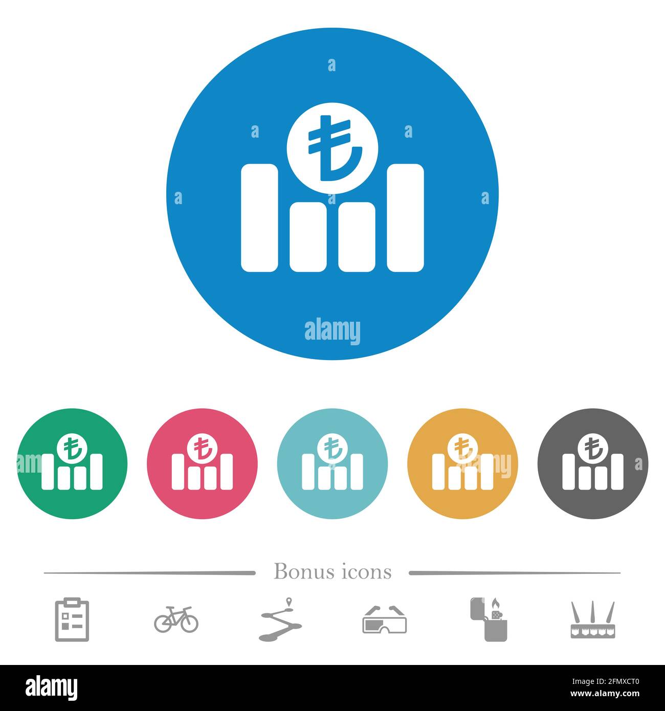 Turkish Lira financial graph flat white icons on round color ...