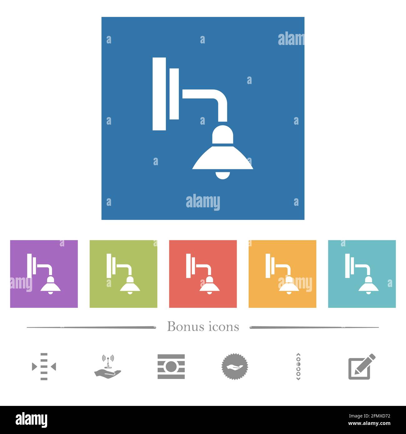 Wall lamp flat white icons in square backgrounds. 6 bonus icons ...