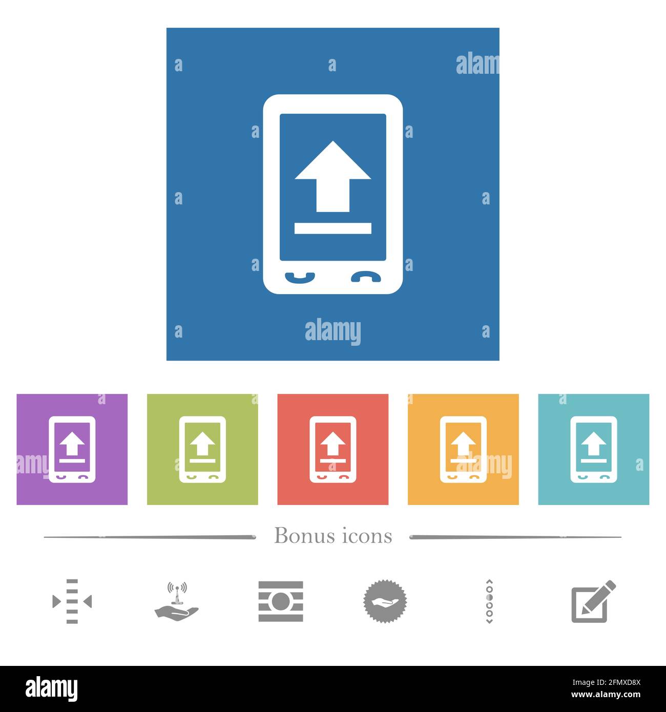 Mobile upload flat white icons in square backgrounds. 6 bonus icons ...