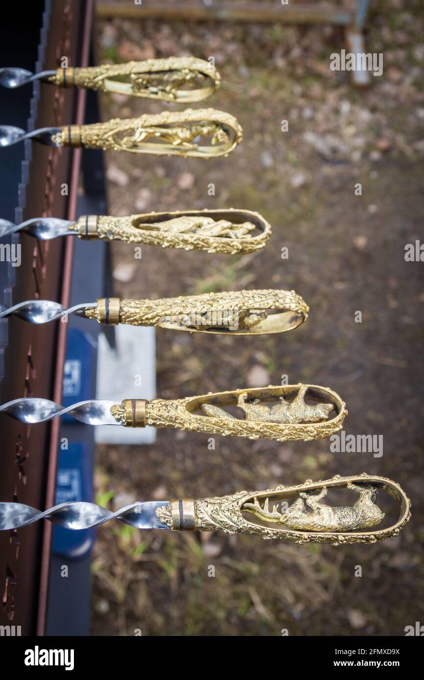 Original skewers on the grill in the spring Stock Photo - Alamy