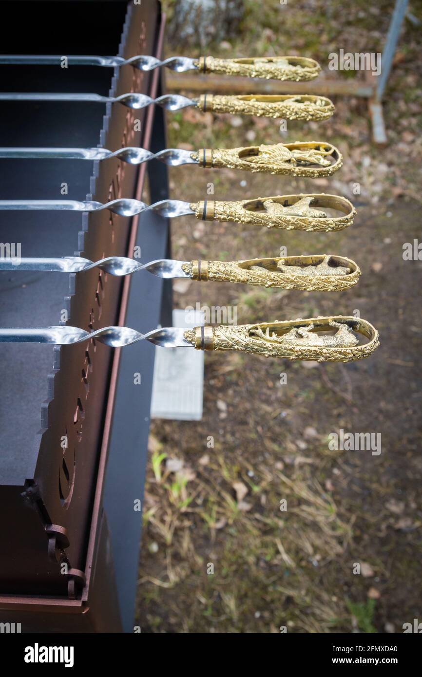 Original skewers on the grill in the spring Stock Photo - Alamy