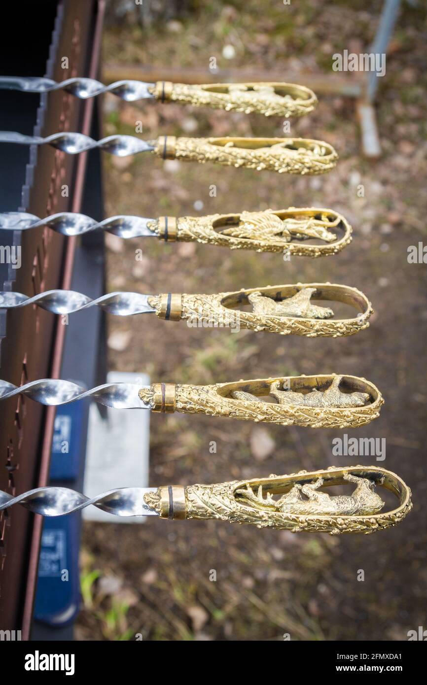 Original skewers on the grill in the spring Stock Photo - Alamy