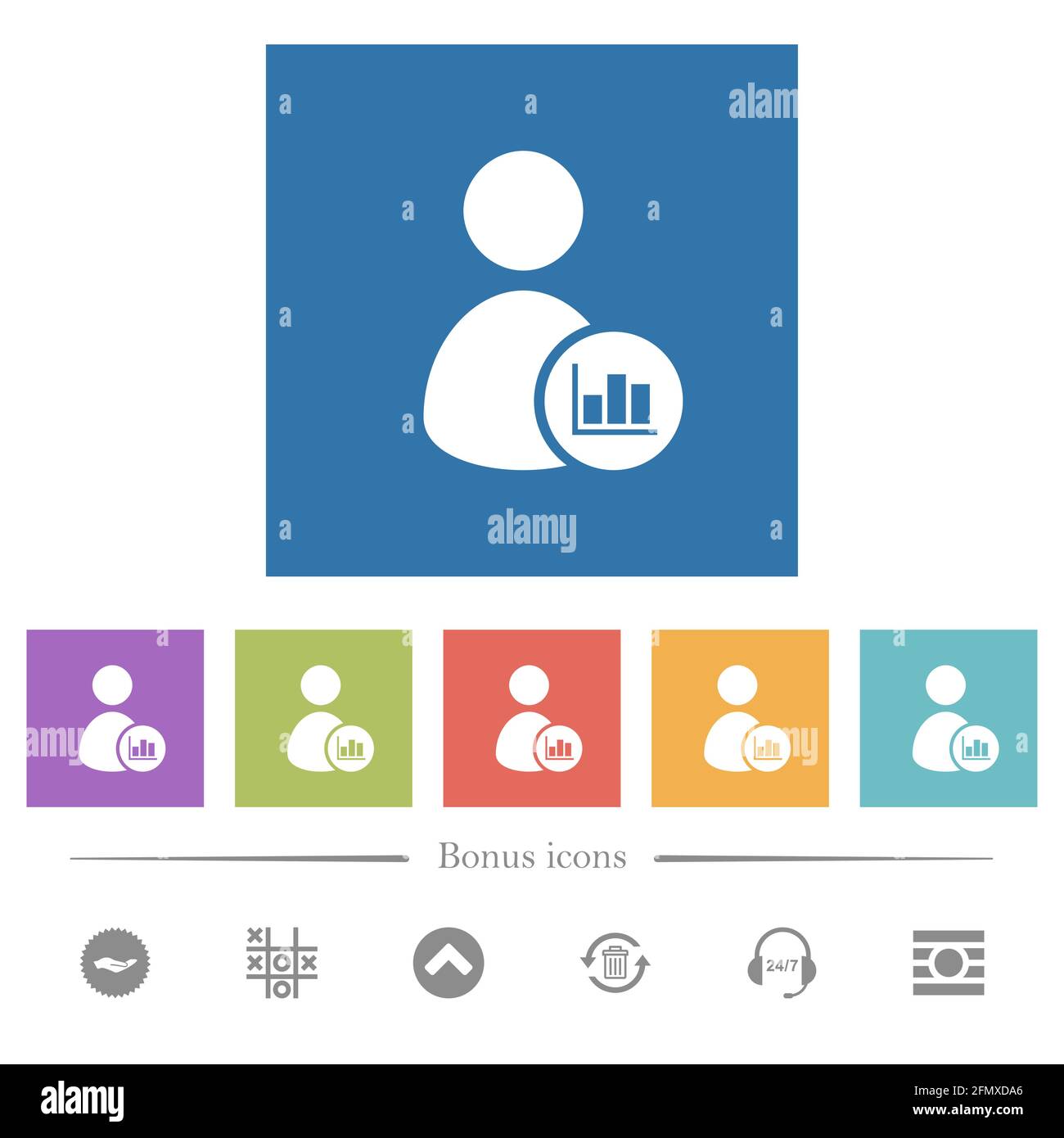 User account statistics flat white icons in square backgrounds. 6 bonus ...
