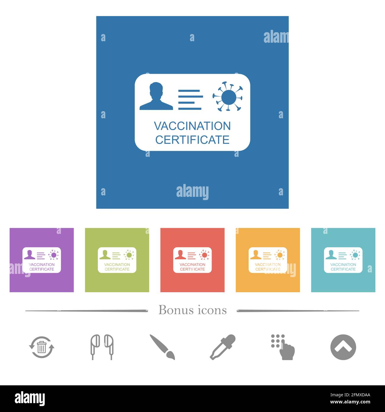 Vaccination certificate flat white icons in square backgrounds. 6 bonus ...