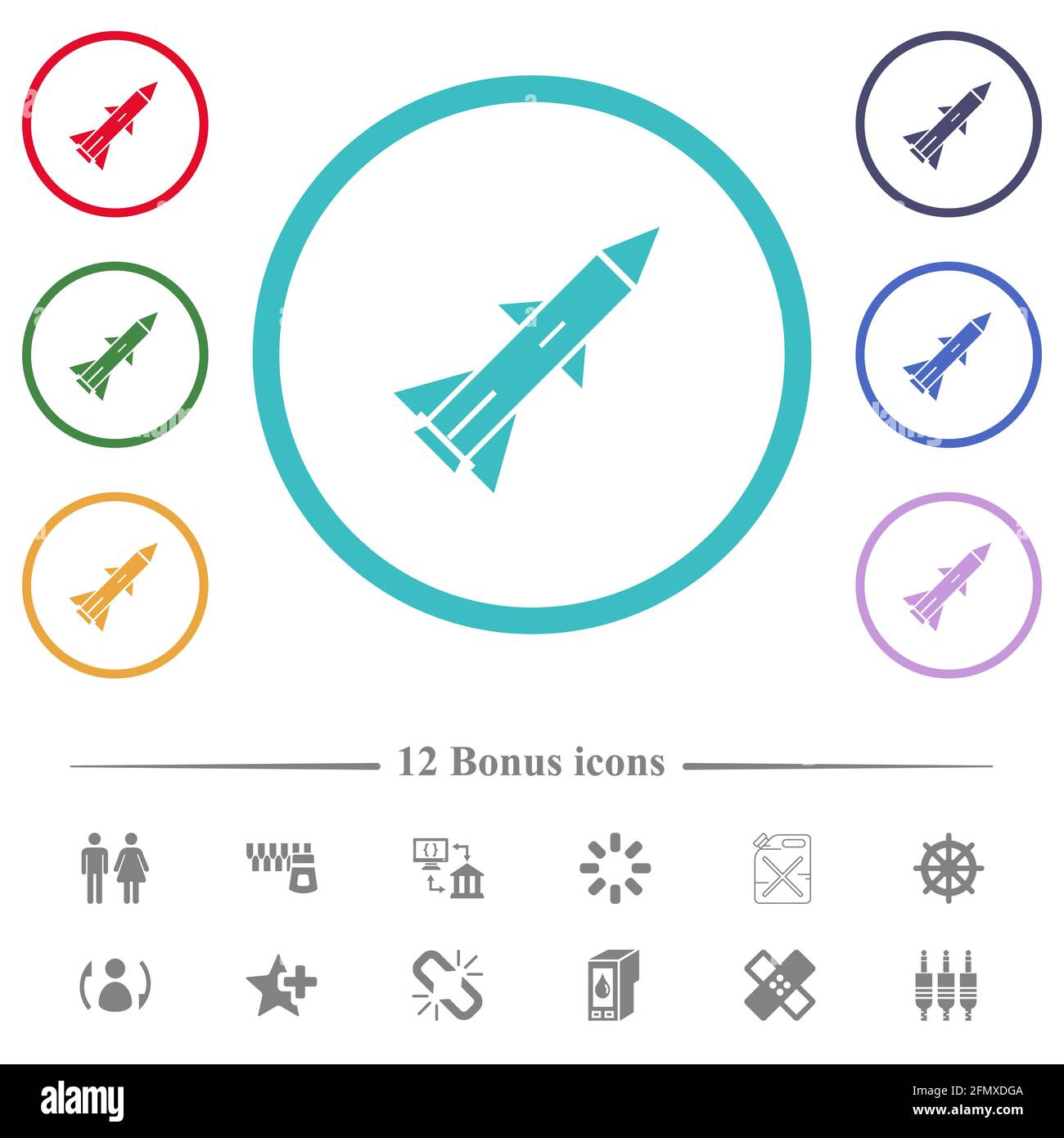 Ballistic missile flat color icons in circle shape outlines. 12 bonus ...