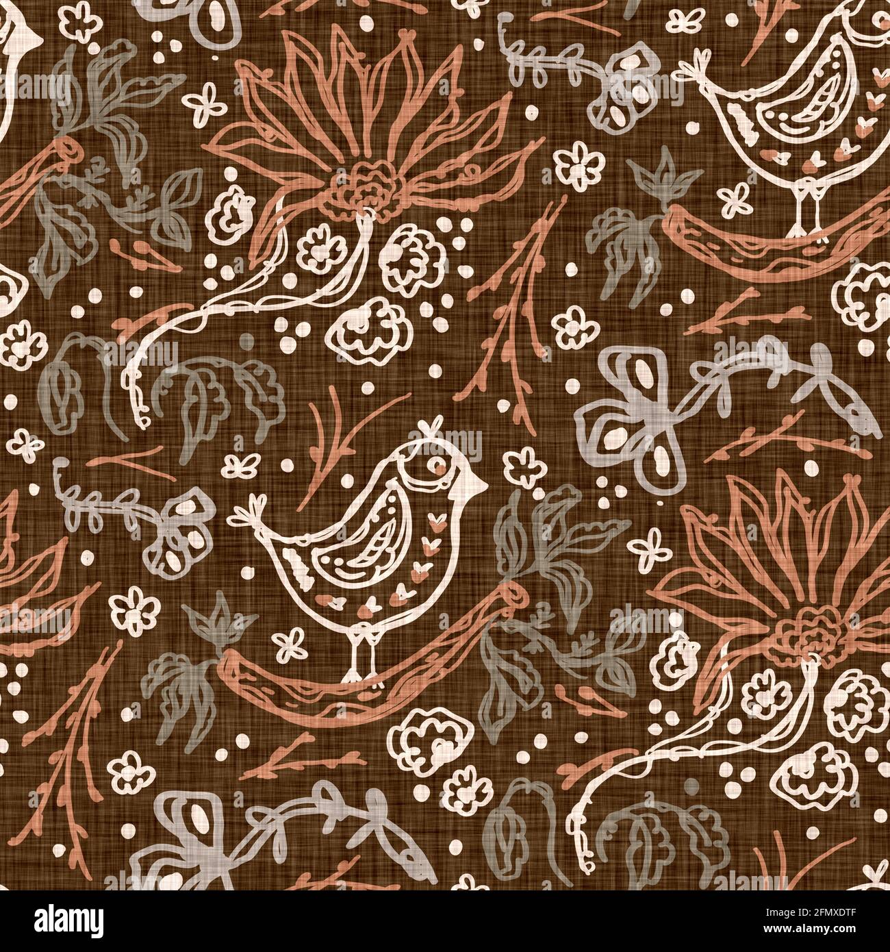 Seamless linen doodle floral pattern background. Calm boho earthy tone ...