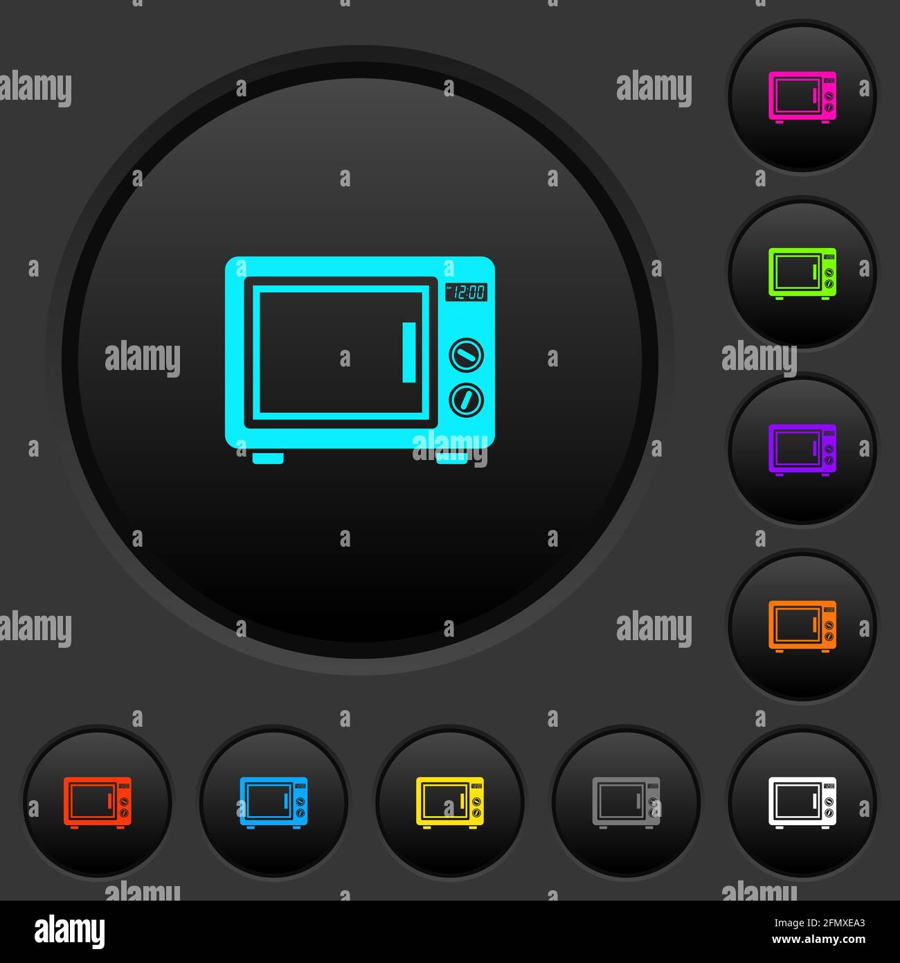 Microwave oven dark push buttons with vivid color icons on dark grey ...