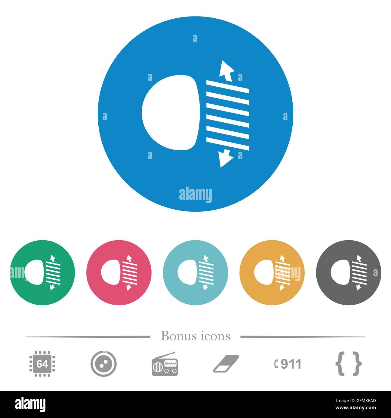 Headlight level adjustment flat white icons on round color backgrounds. 6 bonus icons included ...