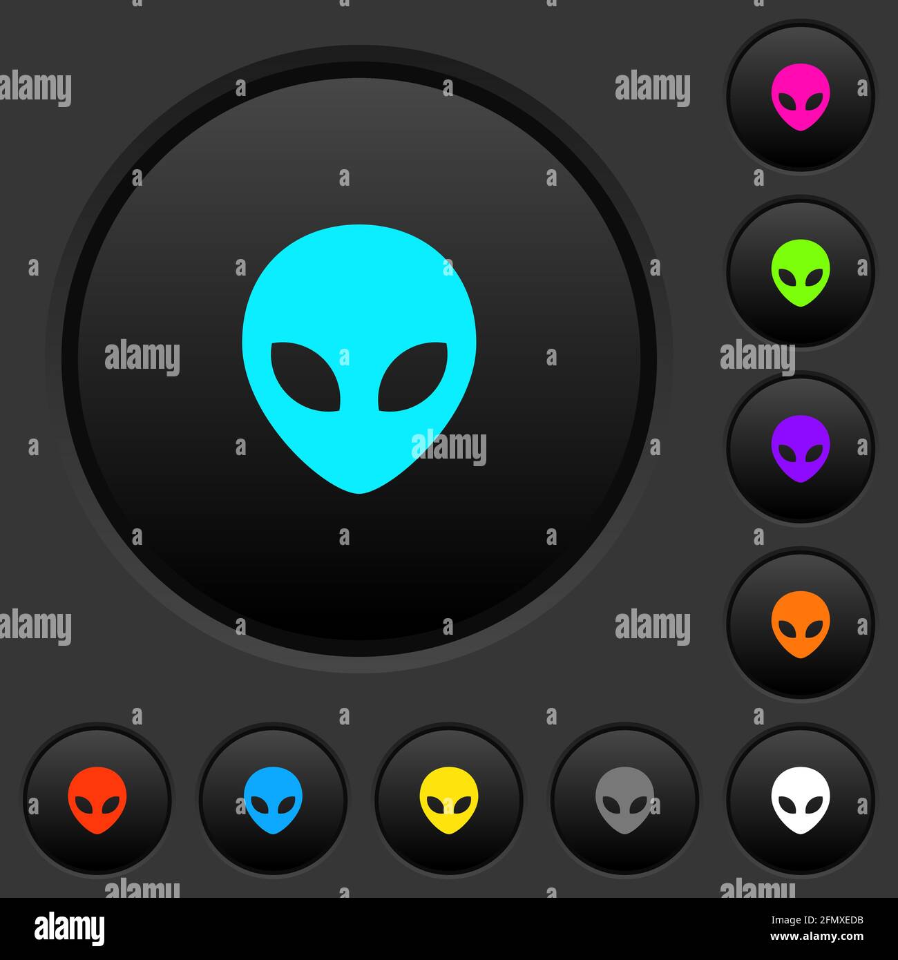 Alien head dark push buttons with vivid color icons on dark grey ...