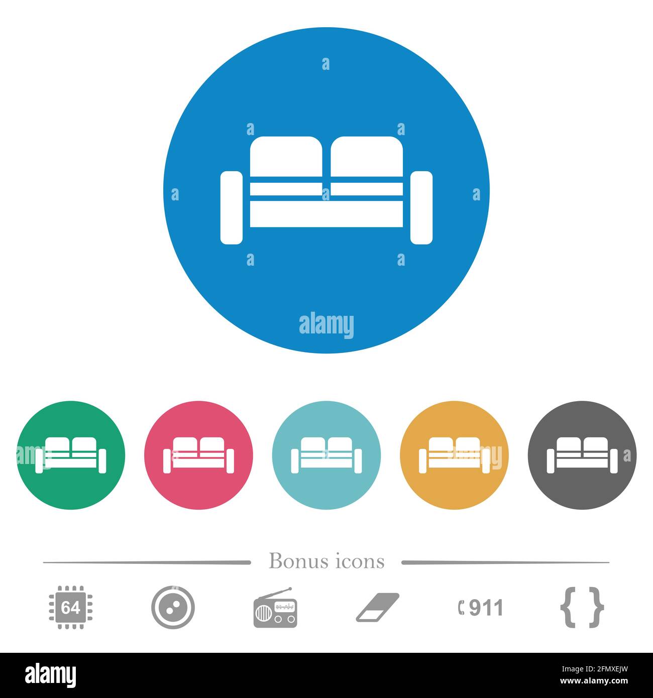 Sofa flat white icons on round color backgrounds. 6 bonus icons ...