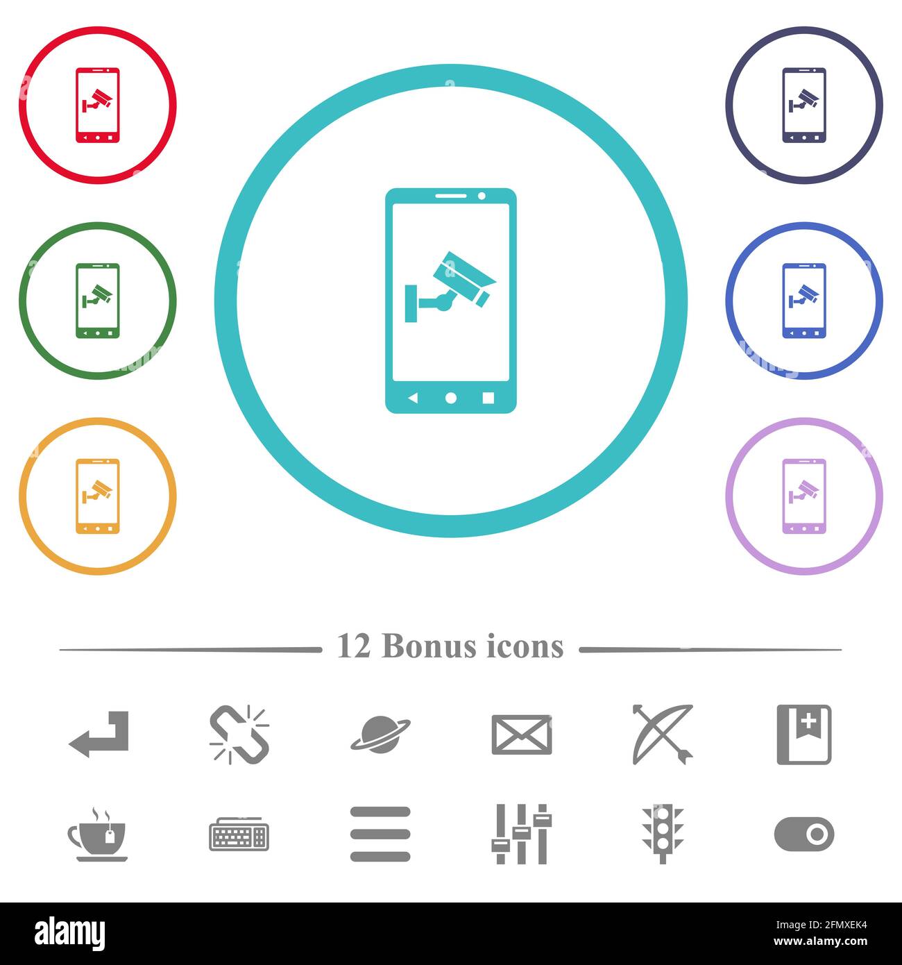 Remote surveillance flat color icons in circle shape outlines. 12 bonus ...