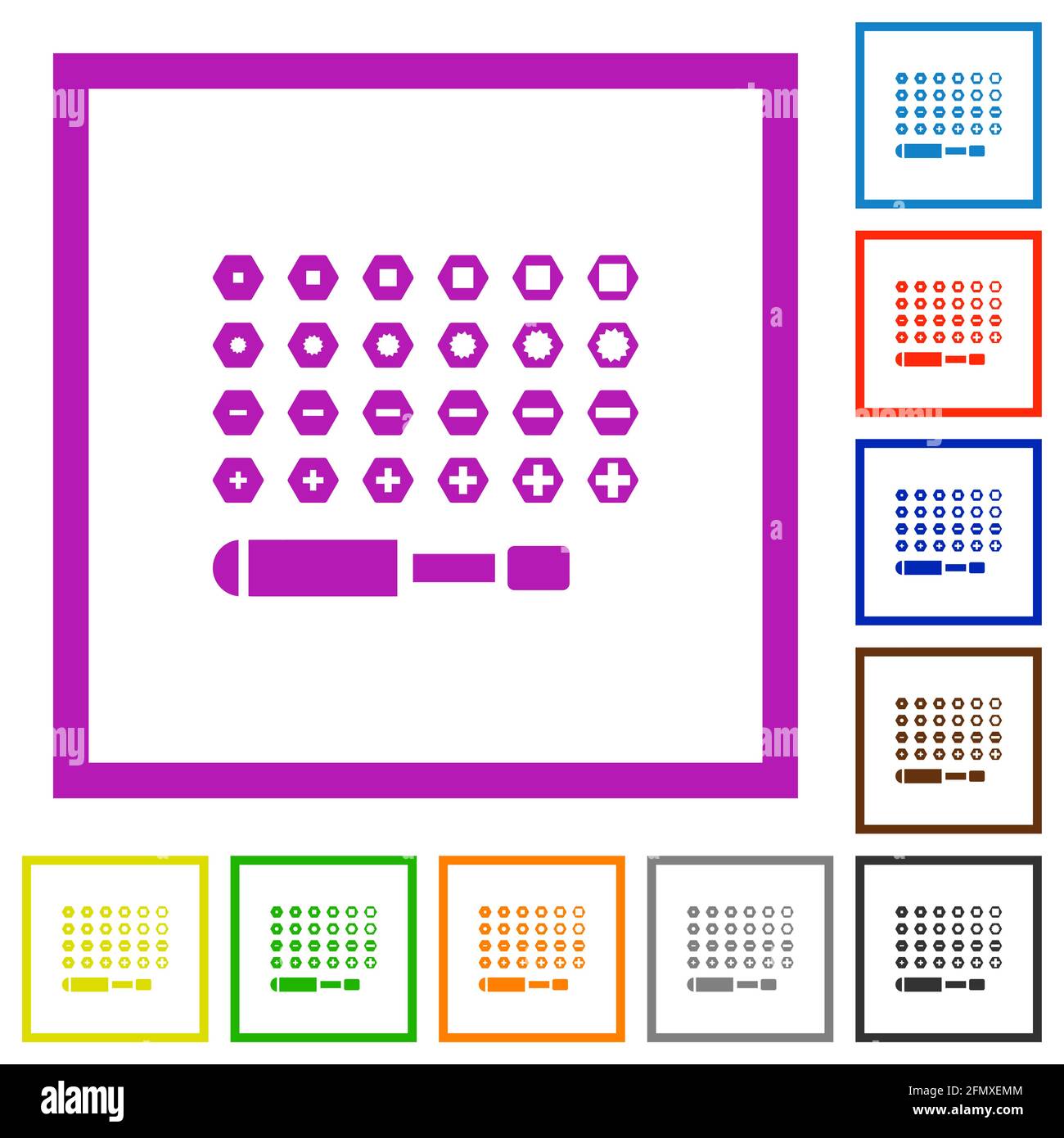 Set of screwdriver bits flat color icons in square frames on white ...
