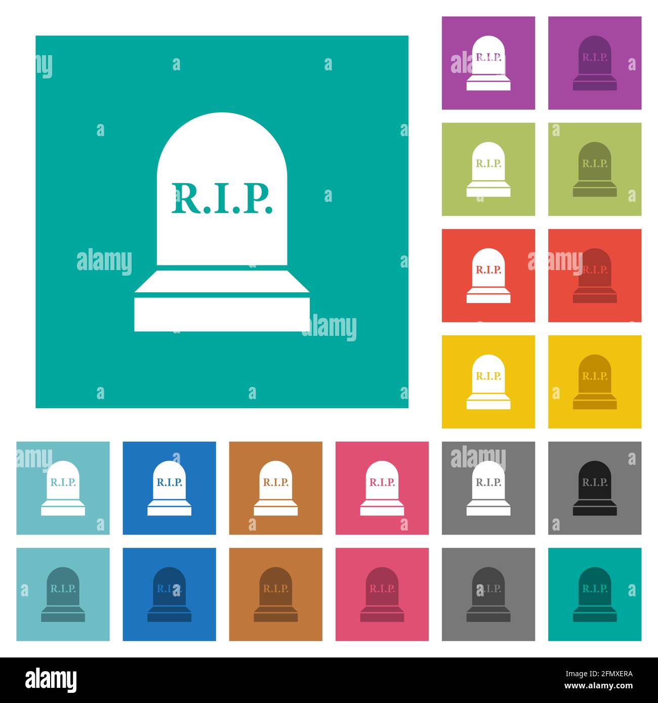 Tombstone with RIP multi colored flat icons on plain square backgrounds ...