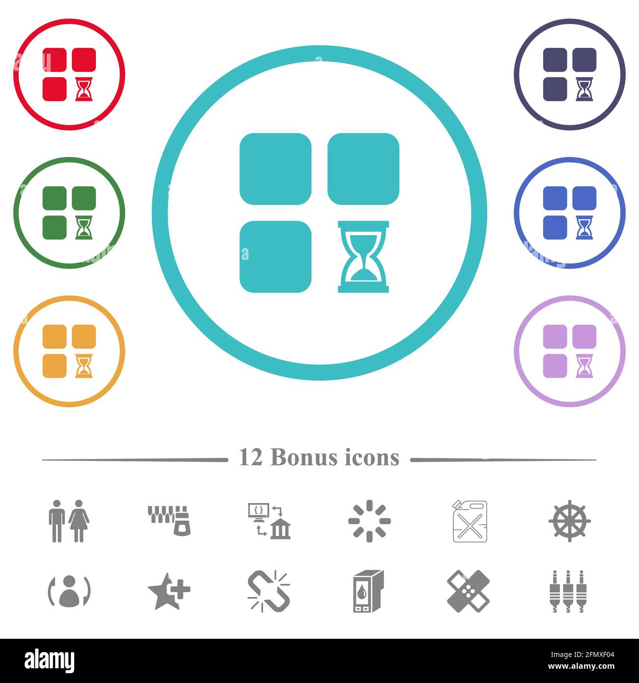 Component waiting flat color icons in circle shape outlines. 12 bonus ...