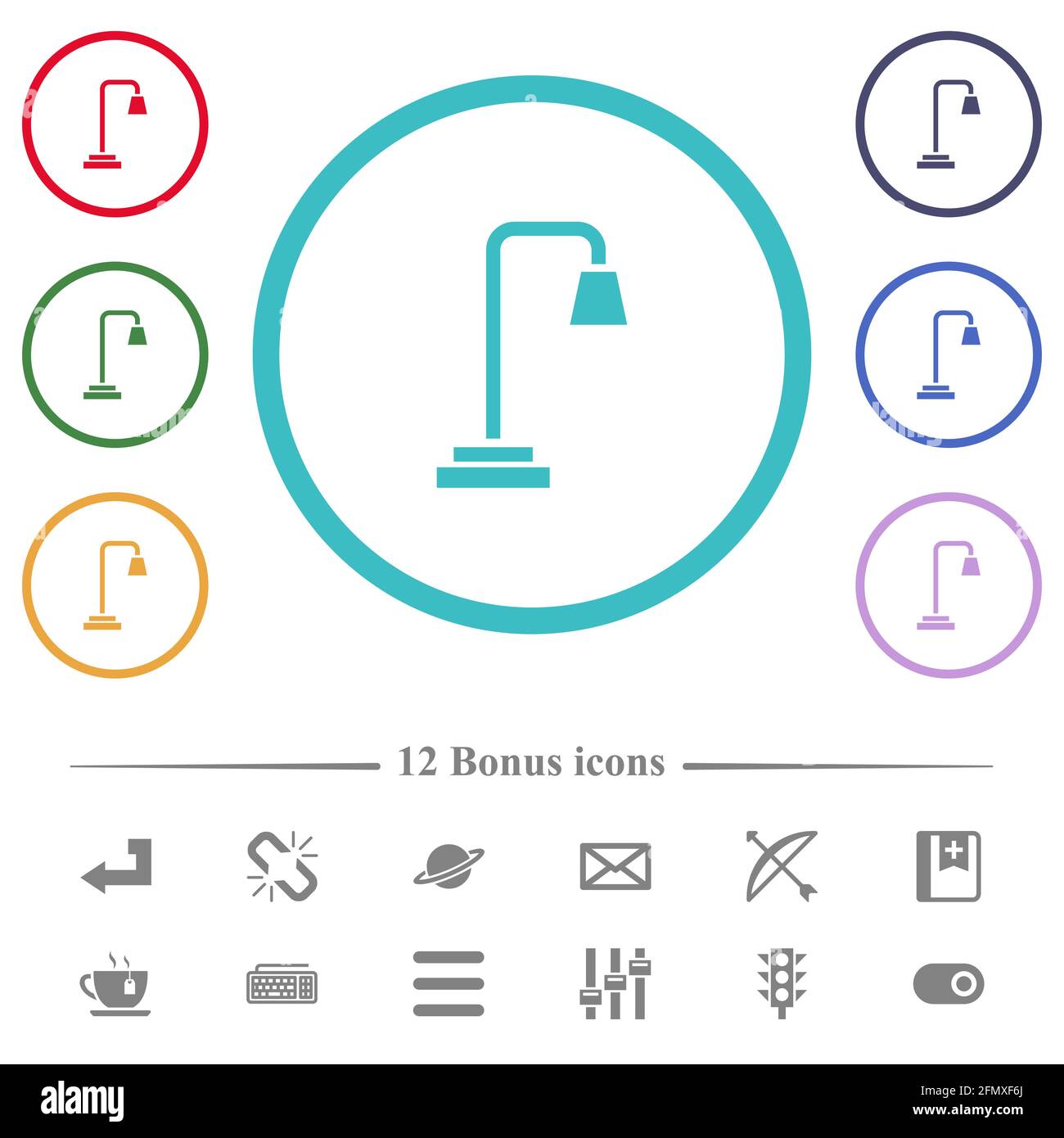 Street lamp flat color icons in circle shape outlines. 12 bonus icons ...